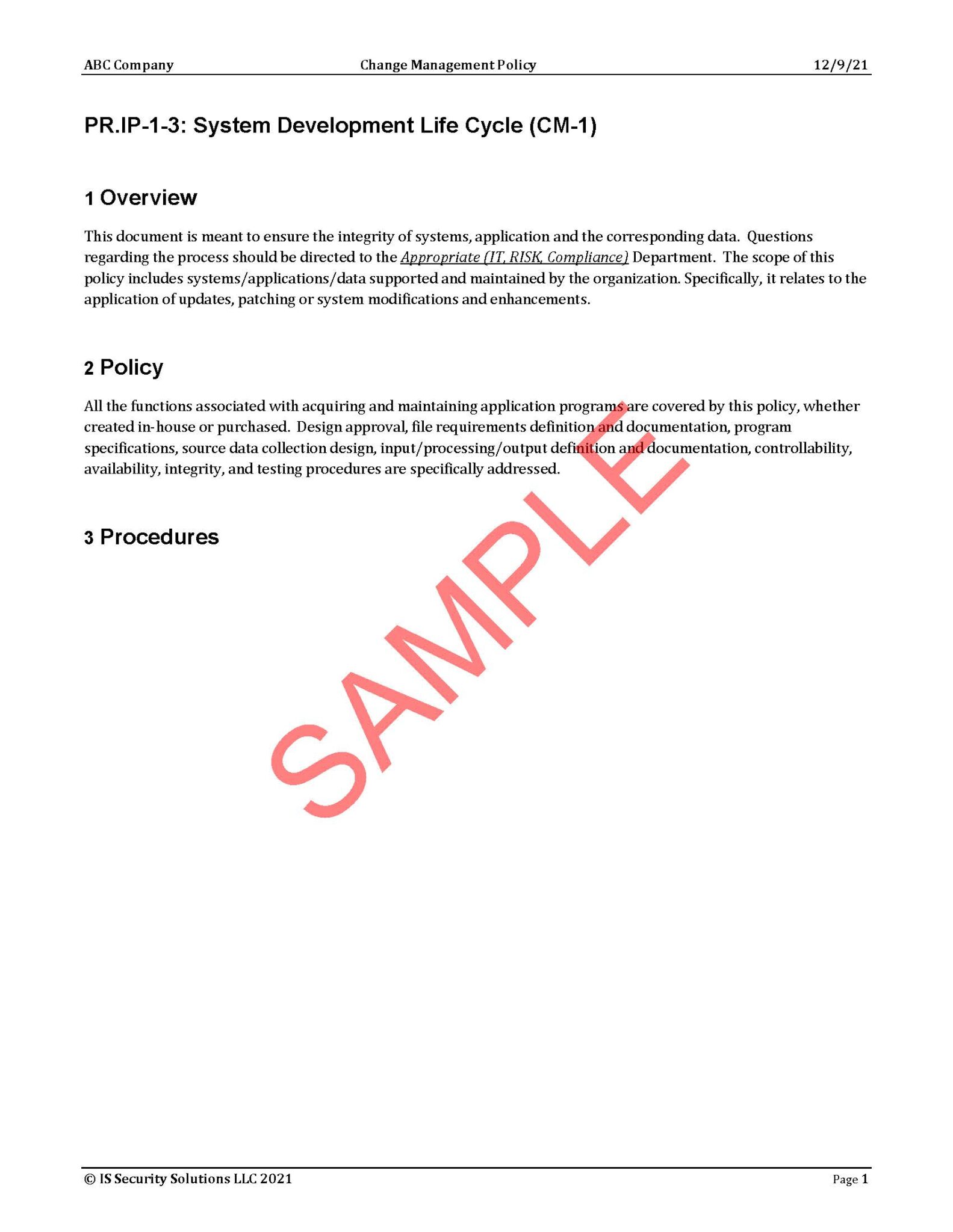 System Development Life Cycle Change Management Policy NIST CM-1 | Buy ...